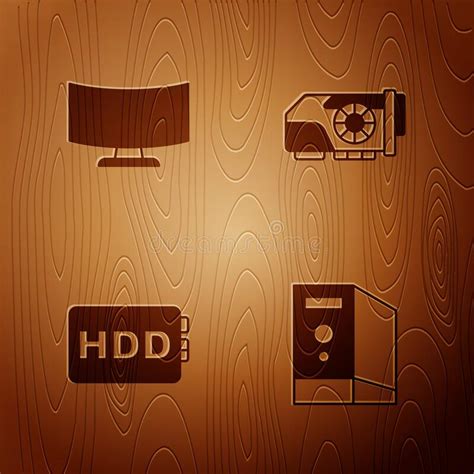 Set Case Of Computer Computer Monitor Screen Hard Disk Drive Hdd And Video Graphic Card On