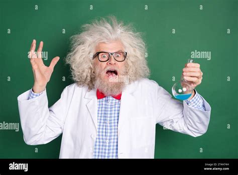 Photo Of Scared Frightened Mad Crazy Scientist Screaming Failed Experiment Isolated On Green