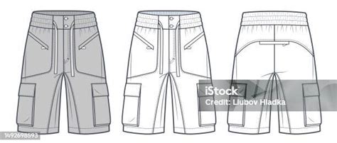 짧은 카고 바지 패션 플랫 기술 도면 템플릿입니다 조거 짧은 바지 스웨트 팬츠 테크니컬 패션 일러스트레이션 사이드 포켓 신축성