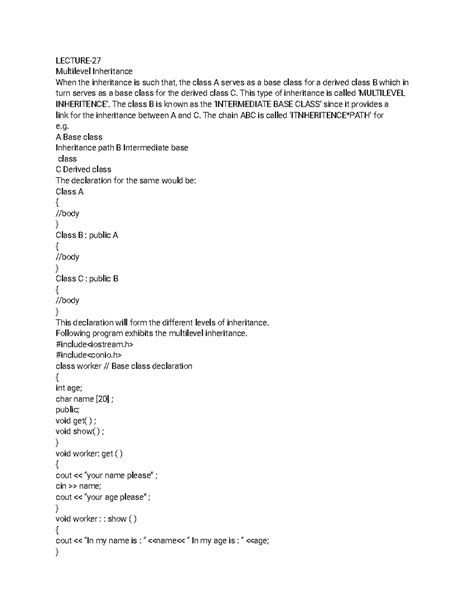 Object Oriented Programming 11 Lecture Multilevel Inheritance When