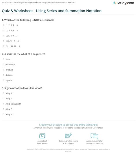 Quiz And Worksheet Using Series And Summation Notation