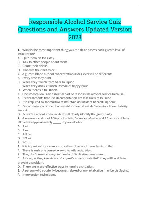 Responsible Alcohol Service Quiz Questions And Answers Updated Version 2023 Responsible