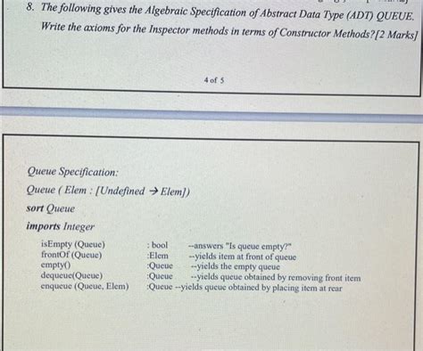 Solved 8 The Following Gives The Algebraic Specification Of