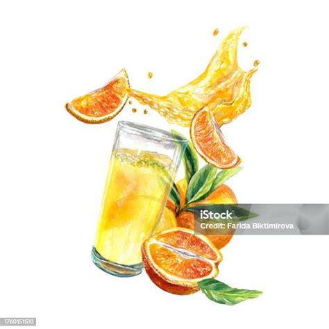 스플래시 오렌지 오렌지 조각이 있는 오렌지 주스 한 잔 흰색 배경에 고립된 수채화 그림입니다 메뉴 주스 라벨 식품 포장 오렌지