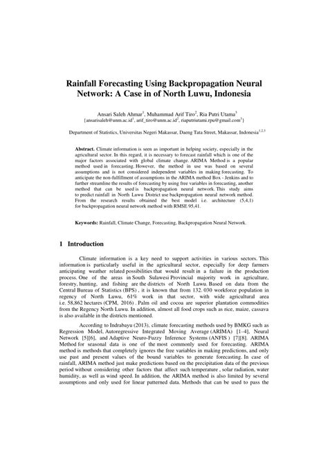 Pdf Rainfall Forecasting Using Backpropagation Neural Network A Case In Of North Luwu Indonesia