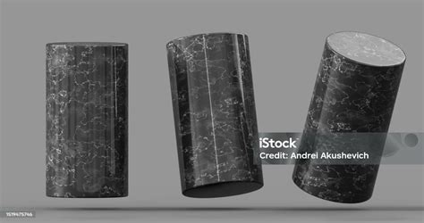 검은 대리석 실린더 연단 3d 렌더링 아이콘이 설정되었습니다 호화스러운 수상 기둥 받침대 빈 돌 기둥 플랫폼 제품 발표를 위한 기하학적 스탠드 박물관의 모형 전시 단계