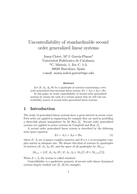 Pdf Uncontrollability Of Standardizable Second Order Generalized Linear Systems