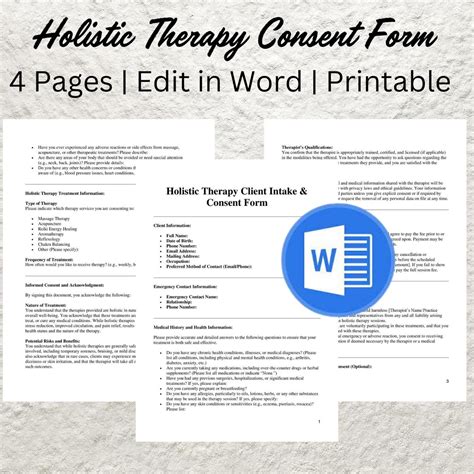 Holistic Therapy Client Intake Form Editable Consent And Consultation