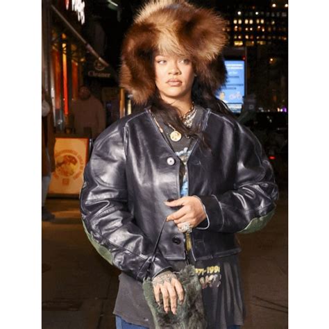 Barbadian Singer Rihanna Black Cropped Leather Jacket Fame Leather