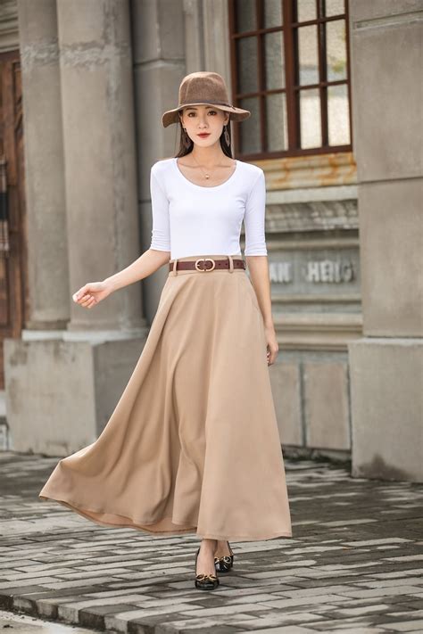 A Line Khaki Work Maxi Skirt Long Skirt A Line Swing Skirt Etsy