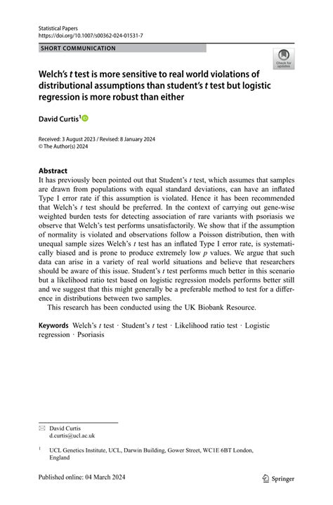 Pdf Welchs T Test Is More Sensitive To Real World Violations Of Distributional Assumptions