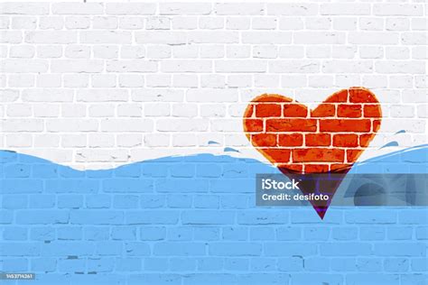 오른쪽에 있는 하나의 큰 빨간색 하트 모양 기호 또는 기호가 파란색 물결에 떠 있으며 흰색 그런지 질감의 흰색 벽돌 벽 벡터