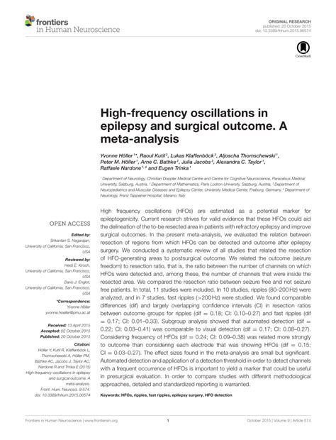 Pdf High Frequency Oscillations In Epilepsy And Surgical Outcome A