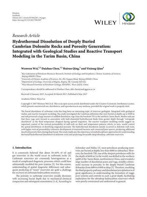 Pdf Hydrothermal Dissolution Of Deeply Buried Cambrian Dolomite Rocks