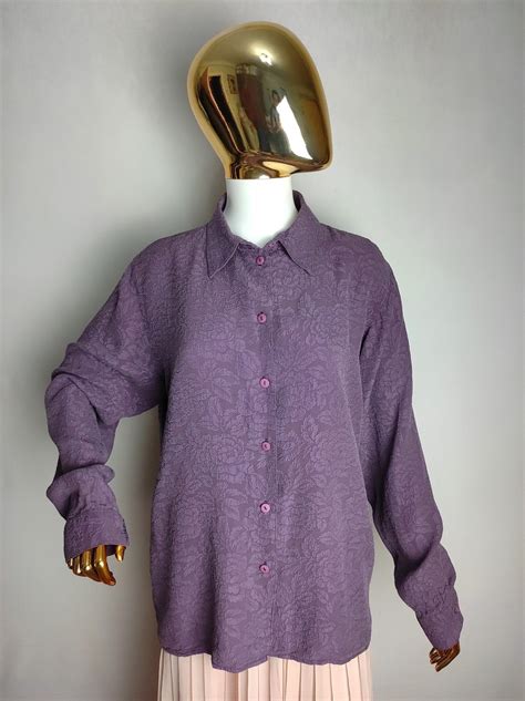 80s Purple Silk Blouse Floral Pure Silk Shirt Long Sleeve Button Up