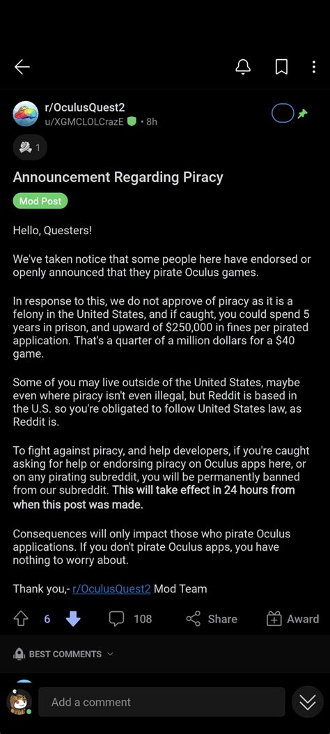 Mods At R Oculusquest2 Have Declared War On Piracy Piracy