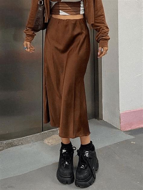 Basic Satin Split Midi Skirt Anotherchill Long Brown Skirt Brown