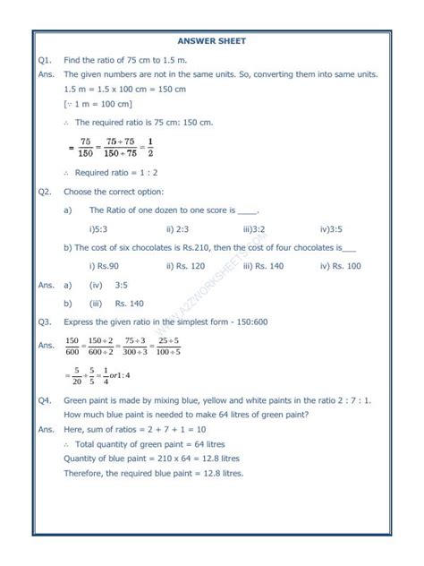 A2zworksheets Worksheet Of Ratio Proportion And Unitary Method 03 Measurement Maths