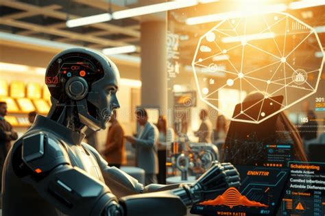 humanoid robot interacts with digital interface in futuristic office