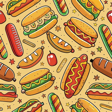 A Seamless Pattern Of Hot Dogs Hamburgers And Other Fast Food Items