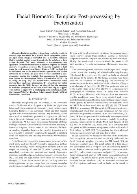 Pdf Facial Biometric Template Post Processing By Factorization