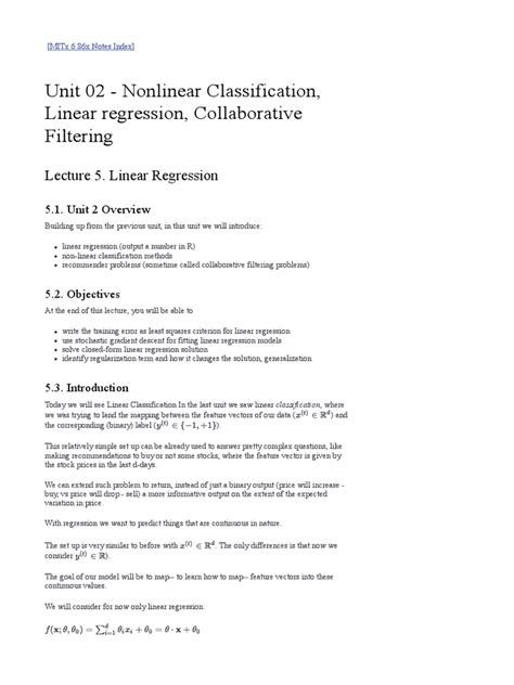 Unit 02 Nonlinear Classification Linear Regression Collaborative Filtering Md Pdf