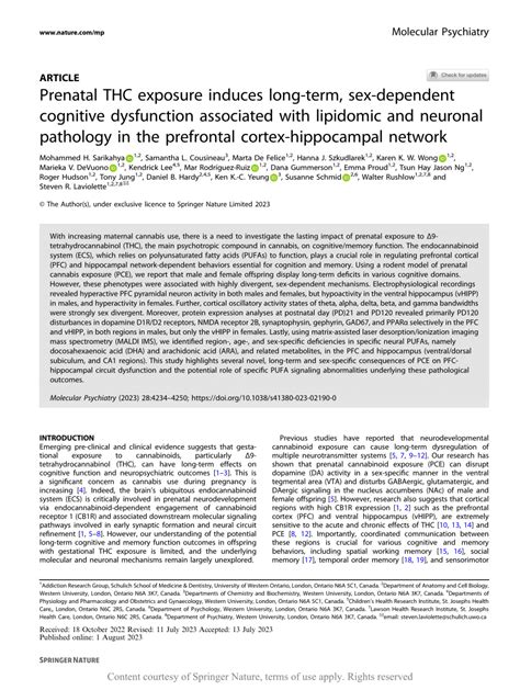 Prenatal Thc Exposure Induces Long Term Sex Dependent Cognitive Dysfunction Associated With