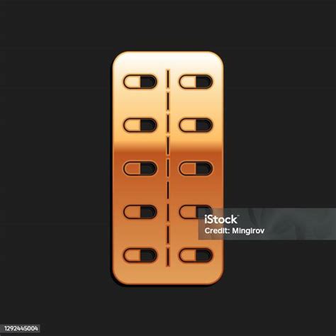 검은 배경에 고립 된 물집 팩 아이콘에 골드 알 약 정제를 위한 의학 약 포장 비타민 항생제 아스피린 긴 그림자 스타일 벡터 건강 진단에 대한 스톡 벡터 아트 및 기타