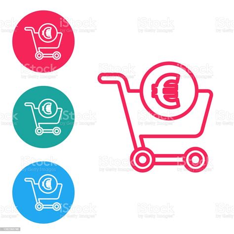 흰색 배경에 격리 된 레드 라인 쇼핑 카트와 유로 기호 아이콘 온라인 구매 개념 배달 서비스 장바구니 원 버튼에 아이콘을 설정합니다 벡터 일러스트레이션 개념에 대한 스톡