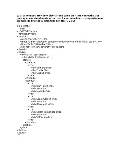 Html Para Diseño De Una Tabla Estilizada Con Css Pdf