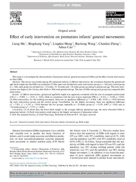 Pdf Effect Of Early Intervention On Premature Infants General Movements