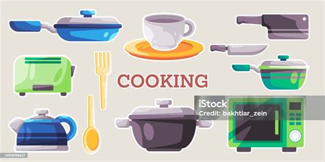 조리 기구 조리 기구 프라이팬 나이프 머그컵 음료 소품 주방 용품 식기 스티커 세트 컬렉션 0명에 대한 스톡 벡터 아트 및 기타