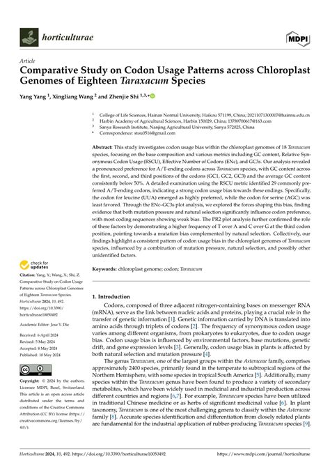 PDF Comparative Study On Codon Usage Patterns Across Chloroplast Genomes Of Eighteen Taraxacum