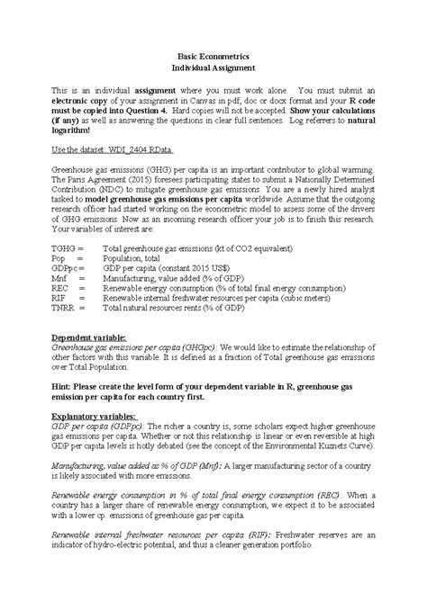 Indiv Home Assignment Econ1066 2410 Basic Econometrics Individual Assignment This Is An