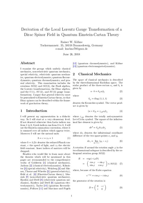Pdf Derivation Of The Local Lorentz Gauge Transformation Of A Dirac Spinor Field In Quantum