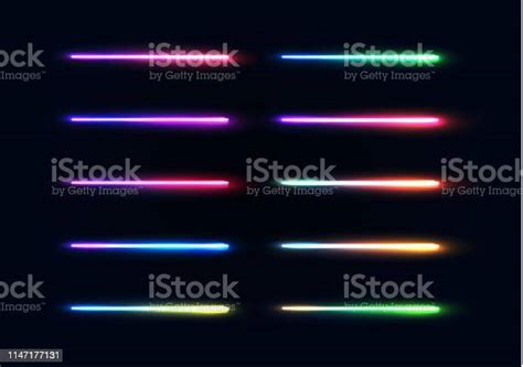 네온 조명 튜브 세트입니다 어두운 파란색 배경에 고립 된 화려한 빛나는 라인 컬렉션입니다 야 광 그라데이션 램프 요소는 밤 파티 또는 게임 디자인을 위한 팩 밝은 벡터