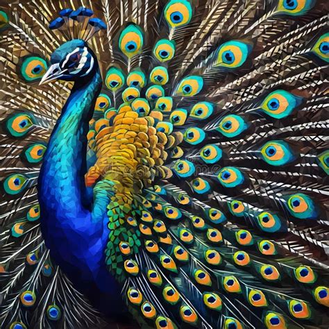 A Painting Of A Peacock With The Tail Feathers Spread Out Stock
