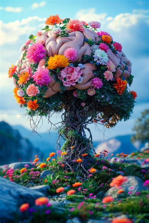Tree With Flowers And Brain On It Generative AI Stock Image Image Of Celebration Stone