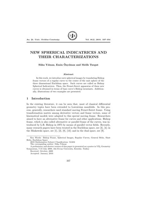 Pdf New Spherical Indicatrices And Their Characterizations