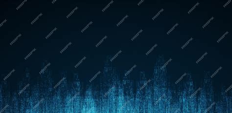 밝은 빛나는 네온 기술 도시 배경으로 어두운 파란색 배경에 도시 풍경 프리미엄 벡터