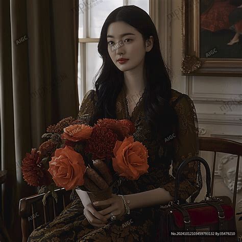 Ai创作图法式拍照场景 复古宫廷风 柔美复古典雅 高级红色花艺配色 Ins复古红黑金 高级感花型 新法式复古花型 抱花的女孩 韩式小碎花 拿着