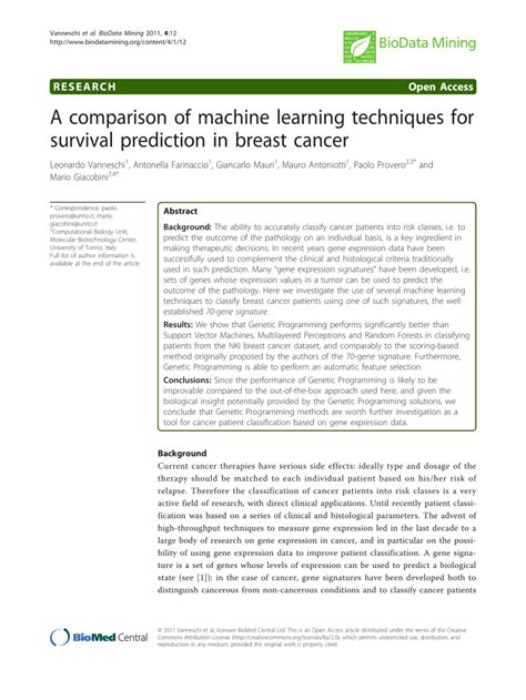 Pdf A Comparison Of Machine Learning Techniques For Survival Prediction In Breast Cancer