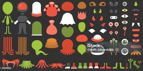 괴물과 외계인 만들기 키트 스마트 폰 아이 들 할로윈 게임 응용 프로그램에 대 한 적당 한 평면 디자인 벡터 몬스터에 대한 스톡