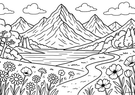 Paisaje Montañoso Con Lago Flores Y Sendero Páginas De Paisajes Para