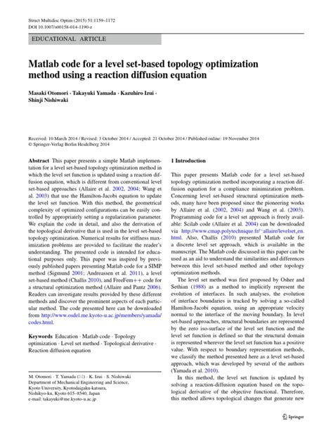 Matlab Code For A Level Set Based Topology Optimization Method Using A Reaction Diffusion