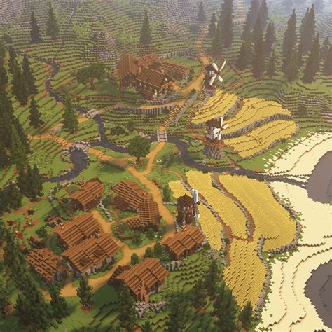 An Aerial View Of A Village In The Game Minecraft