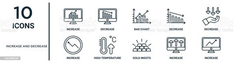 증가 및 감소 개요 아이콘 세트에는 가는 선 증가 막대 차트 감소 고온 증가 보고서 아이콘 프레젠테이션 다이어그램 웹 디자인이 포함됩니다 0명에 대한 스톡 벡터 아트 및
