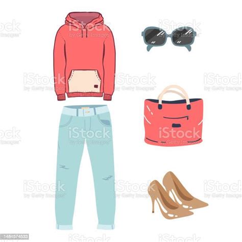 흰색 배경에 분리된 여성 의류와 액세서리의 벡터 손으로 그린 콜라주 캐주얼하고 우아한 여성스러운 스타일의 의상 까마귀 청바지 가방에 대한 스톡 벡터 아트 및 기타 이미지