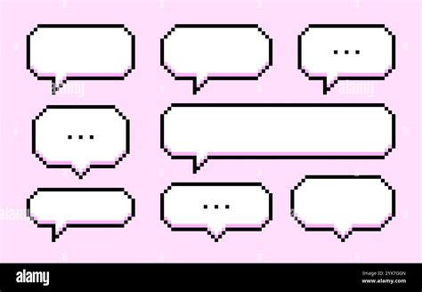 Set Of Pixel Art Speech Bubbles Various Messages And Dialog Boxes On A Pink Background Vector