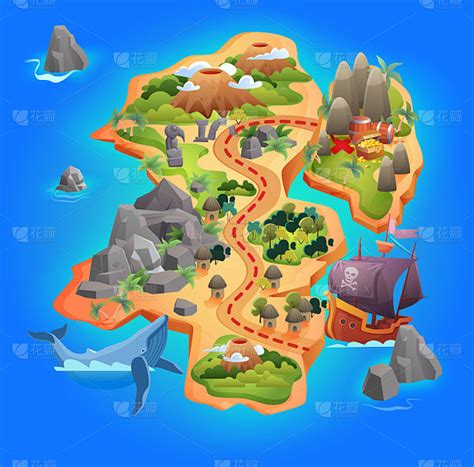 游戏中的宝藏地图卡通的热带岛屿地图显示了海盗黄金宝藏的方向